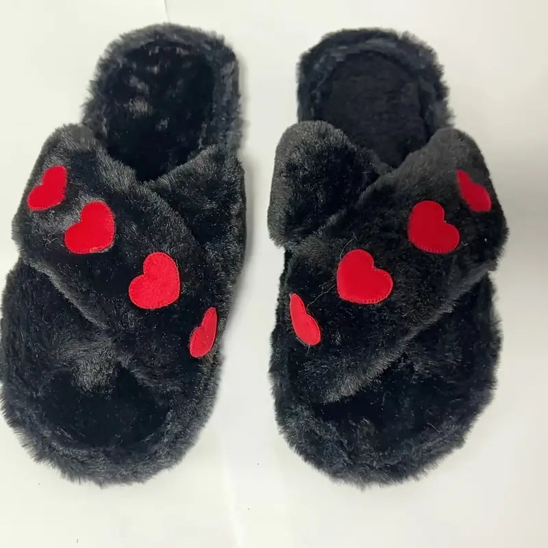 Heart Plush Cross Slippers Black | Chicano Spot